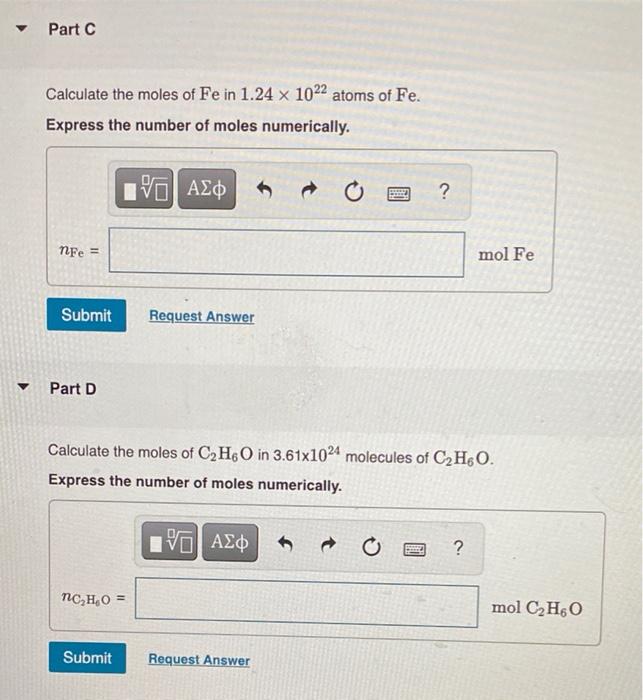 Solved Part C Calculate the moles of Fe in 1.24 x 1022 | Chegg.com