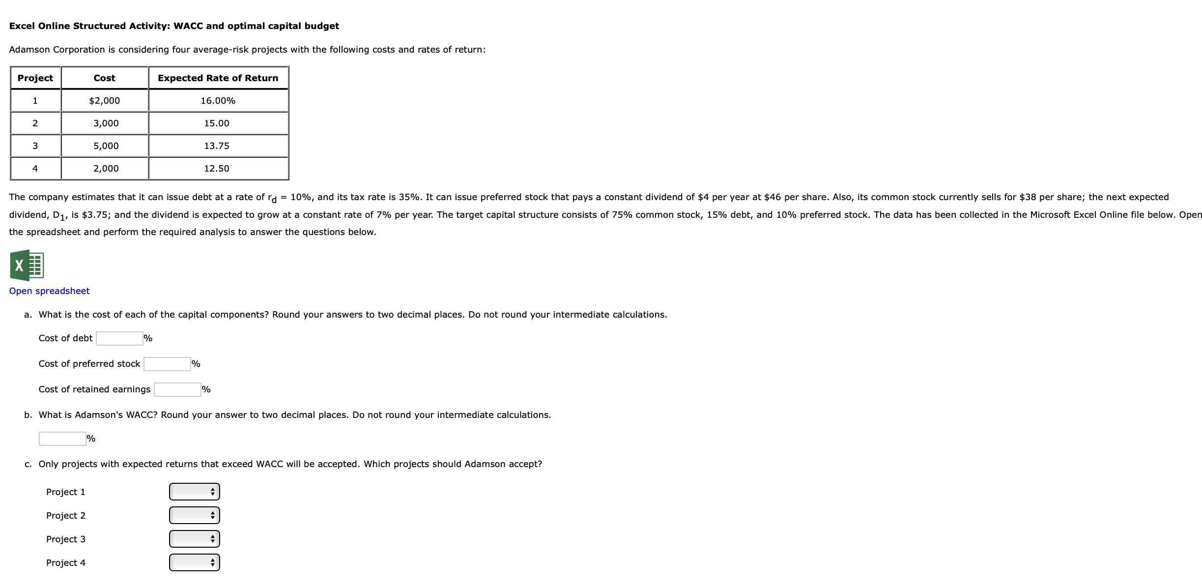 Solved Excel Online Structured Activity: WACC and optimal | Chegg.com