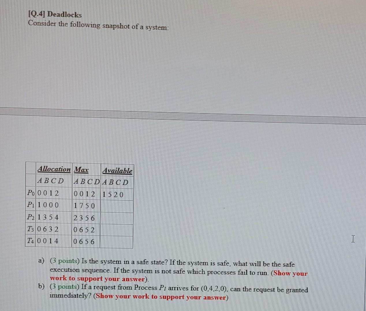Solved [Q.4] Deadlocks Consider the following snapshot of a | Chegg.com