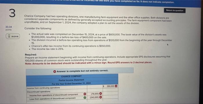 Solved Chance Company had two operating divisions, one | Chegg.com