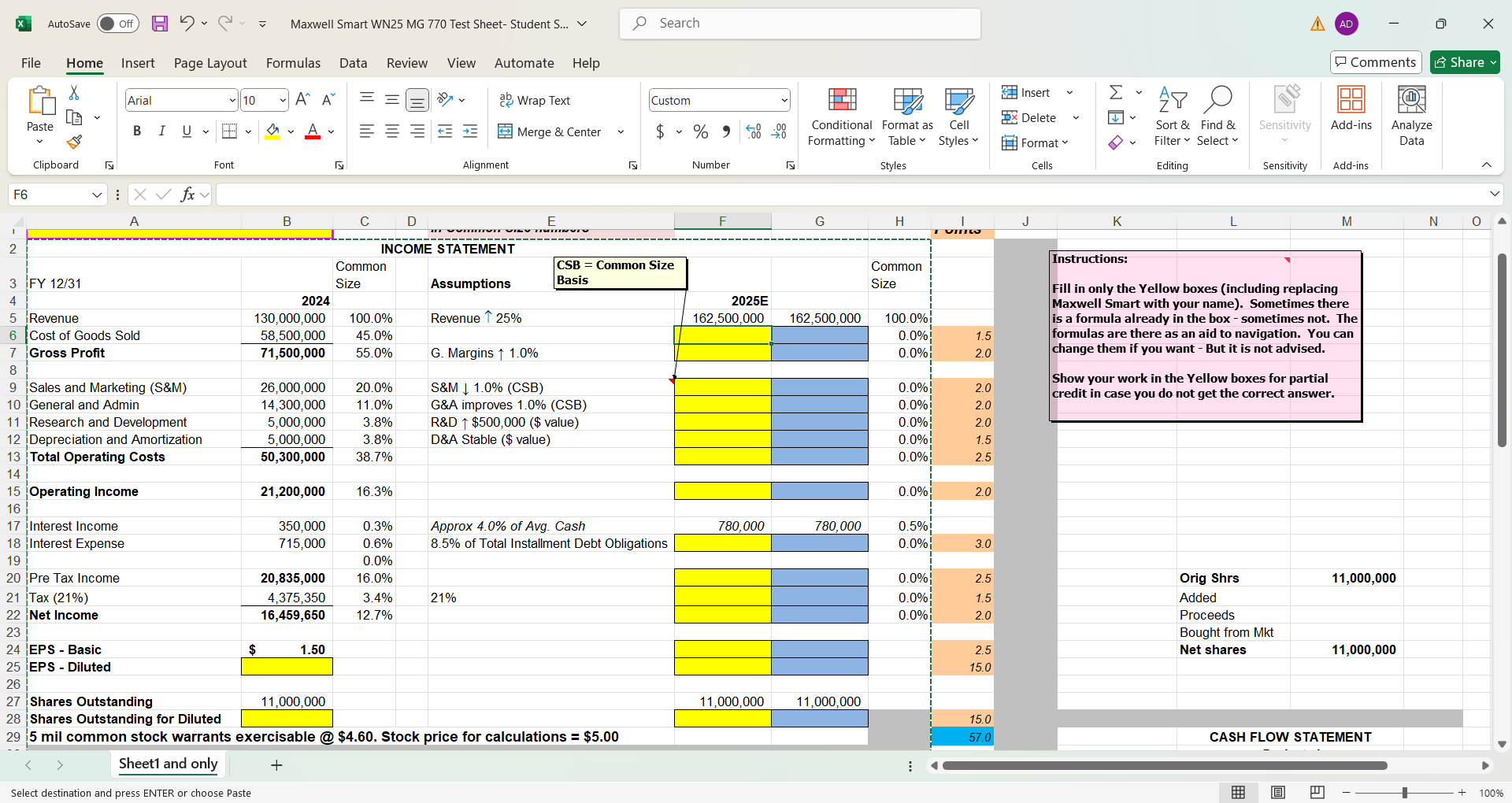 Instructions: Fill in only the Yellow boxes | Chegg.com