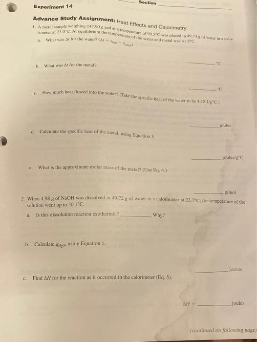 Solved Section Experiment 14 Advance Study Assignment: Heat | Chegg.com