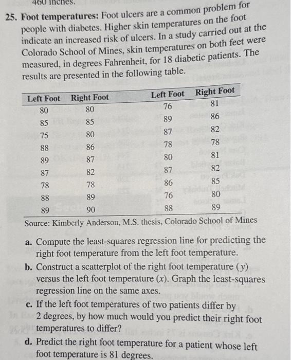 Solved 25. Foot temperatures: Foot ulcers are a common | Chegg.com