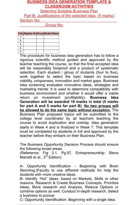 Solved BUSINESS IDEA GENERATION TEMPLATE & CLASSROOM | Chegg.com