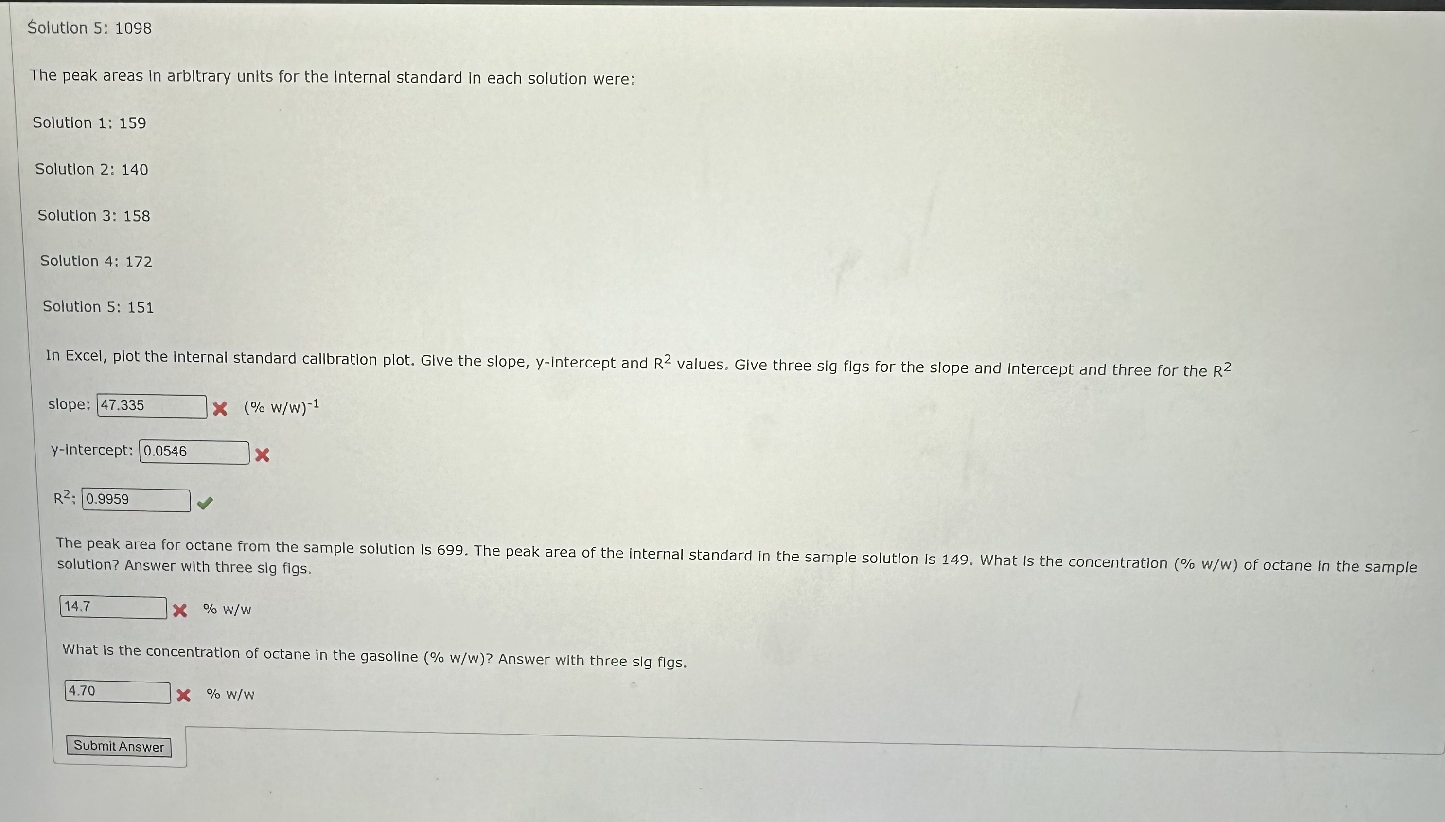 Solved Solution 5: 1098The peak areas In arbitrary units for | Chegg.com