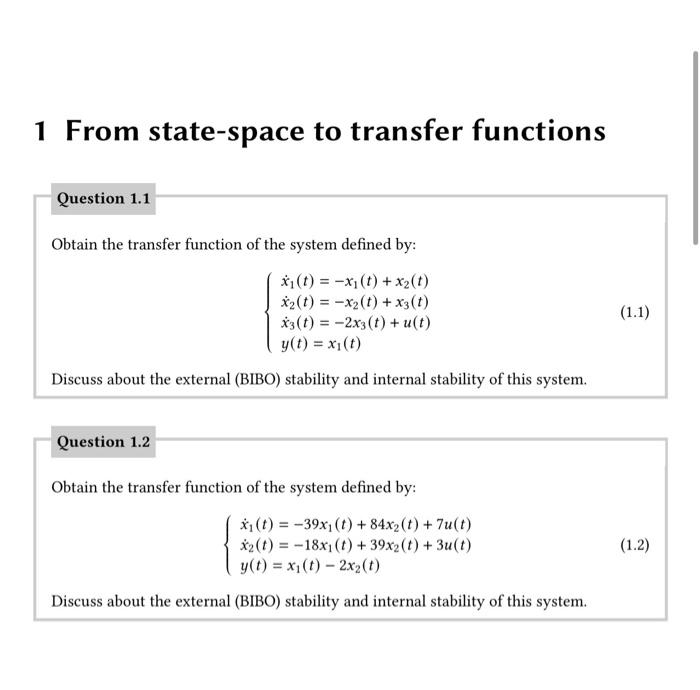 Solved 1 From state-space to transfer functions Question 1.1 | Chegg.com