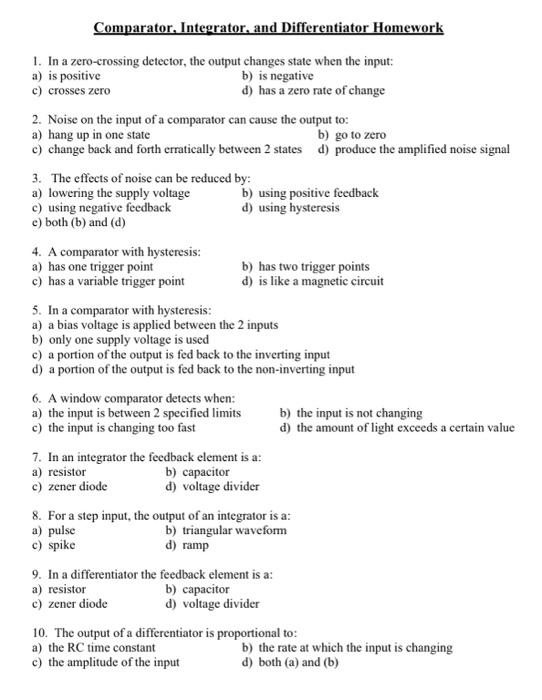 Solved Comparator, Integrator, and Differentiator Homework | Chegg.com