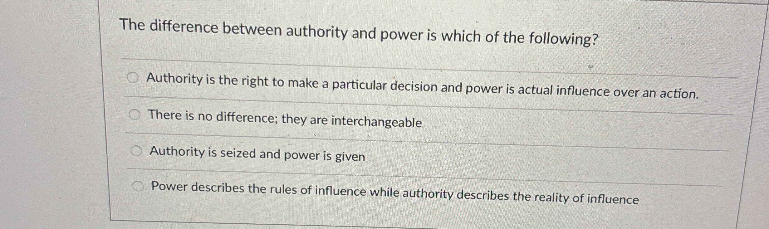 Solved The difference between authority and power is which | Chegg.com