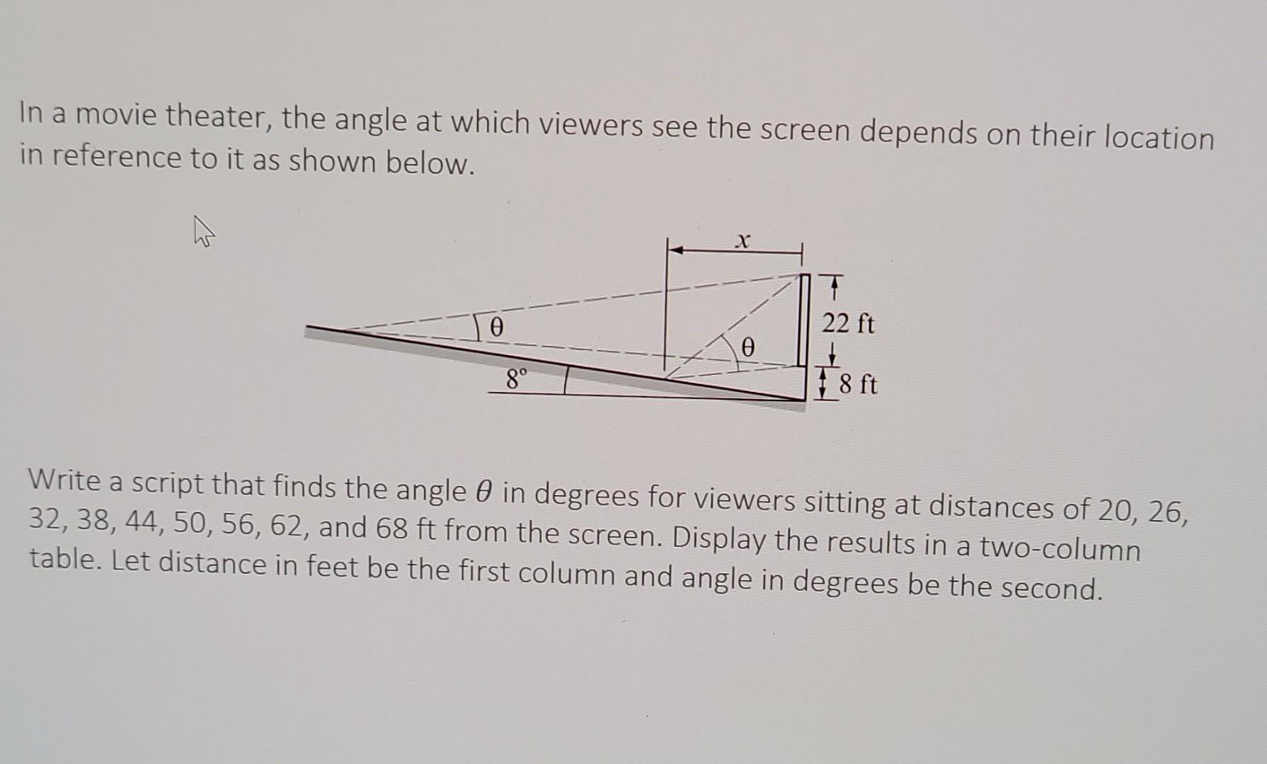 Solved In a movie theater, the angle at which viewers see | Chegg.com