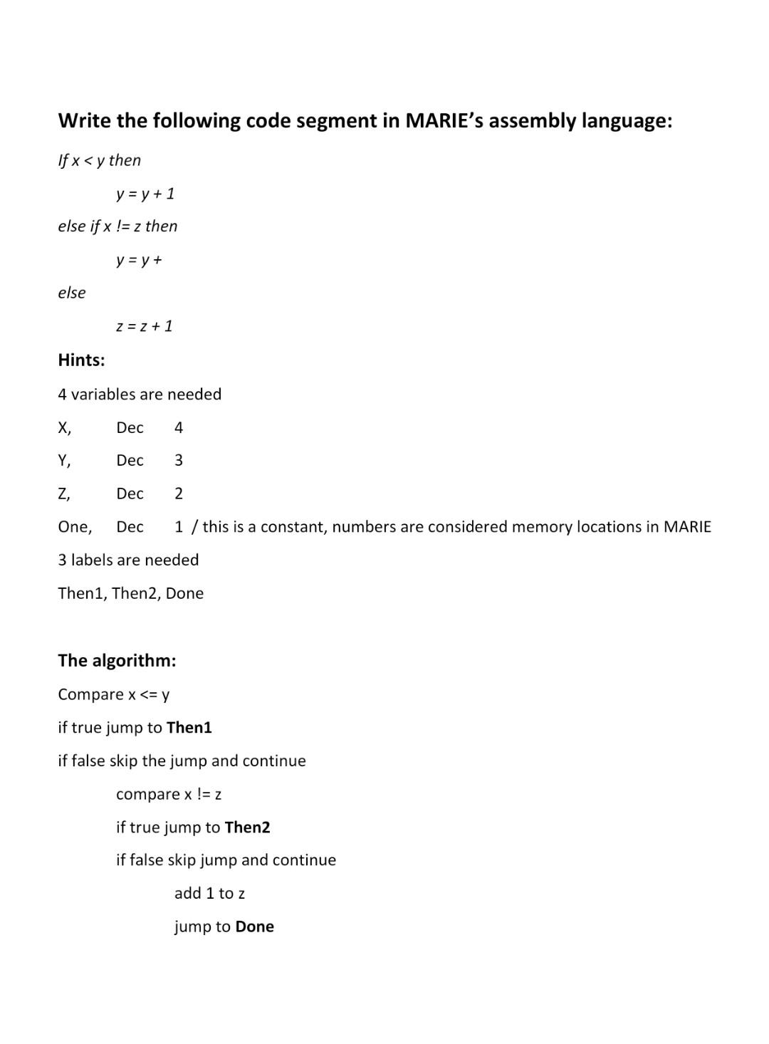 Solved Write The Following Code Segment In Maries Assembly 