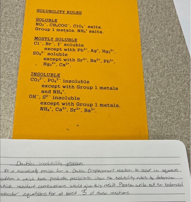 Solved SOLUBILITY RULES SOLUBLE NO3. CH3COO, C104 salts. | Chegg.com