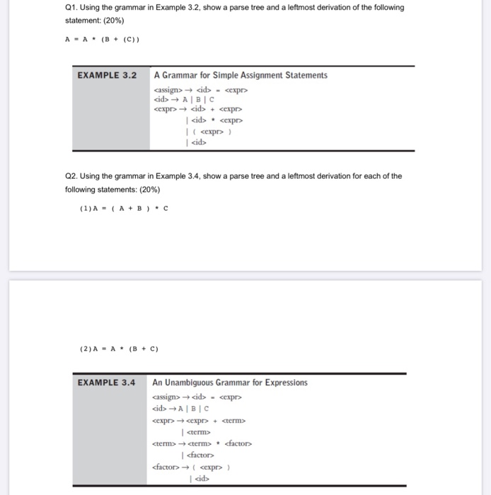 Solved Q1. Using the grammar in Example 3.2, show a parse | Chegg.com