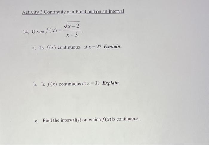 Solved Activity 3 Continuity at a Point and on an Interval | Chegg.com