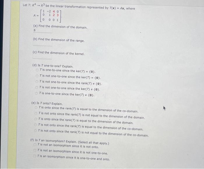 Solved Let T:R4→R3 be the linear transformation represented | Chegg.com