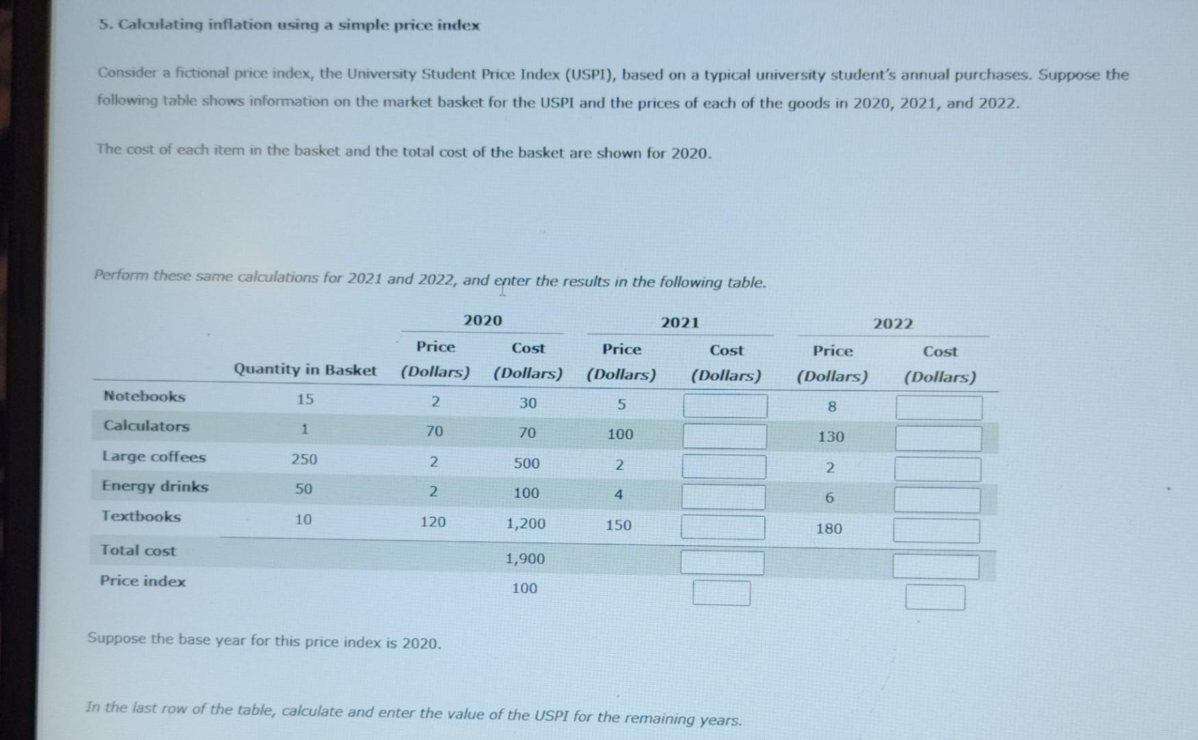 Solved 5. Calculating inflation using a simple price index | Chegg.com