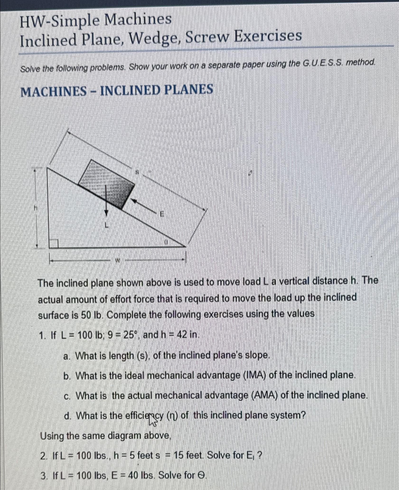 Solved HW-Simple MachinesInclined Plane, Wedge, Screw | Chegg.com