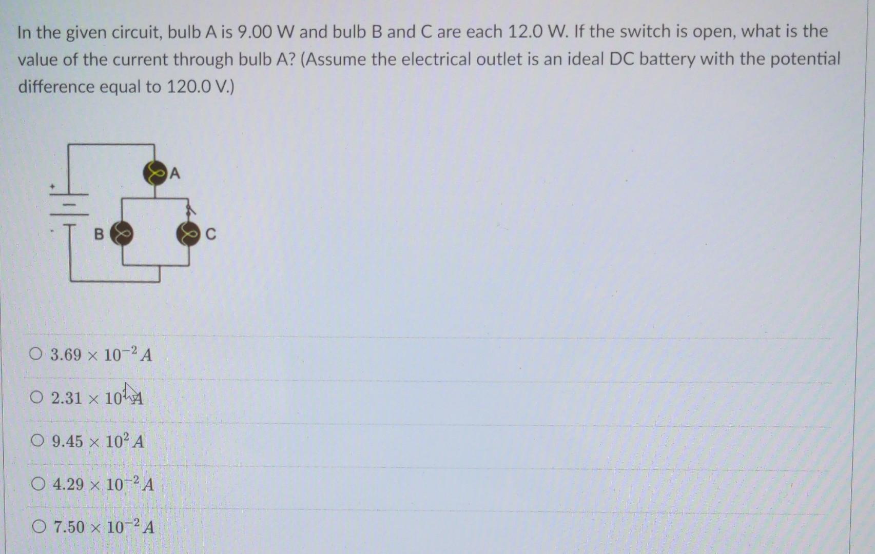Solved In the given circuit, bulb A is 9.00 W and bulb B and | Chegg.com