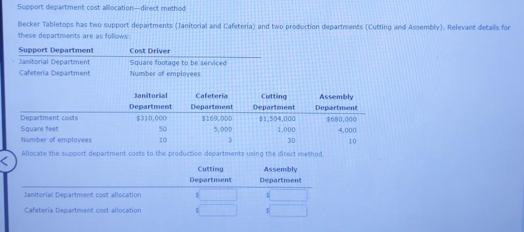 Solved Support Department Cost Allocation Direct Method