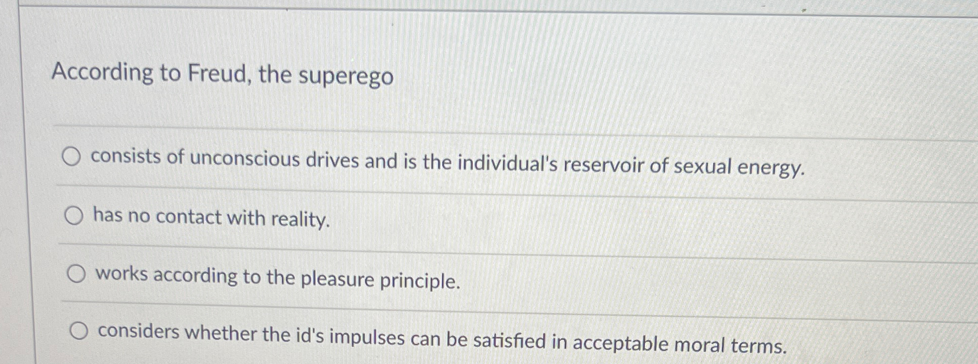 Solved According to Freud, the superegoconsists of | Chegg.com