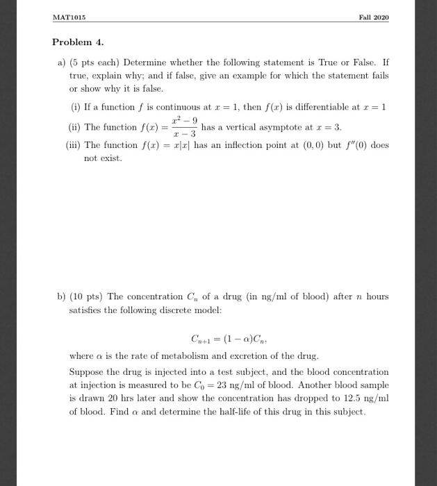 MAT1015 Fall 2020 Problem 4. a) (5 pts each) | Chegg.com
