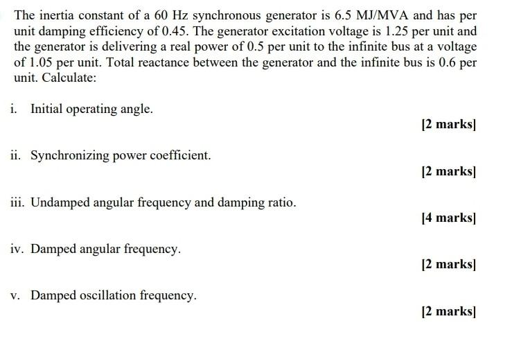 Solved The inertia constant of a 60 Hz synchronous generator | Chegg.com