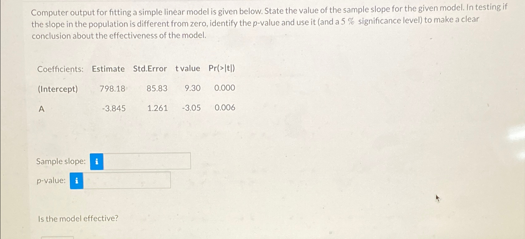 Solved Computer Output For Fitting A Simple Linear Model Is
