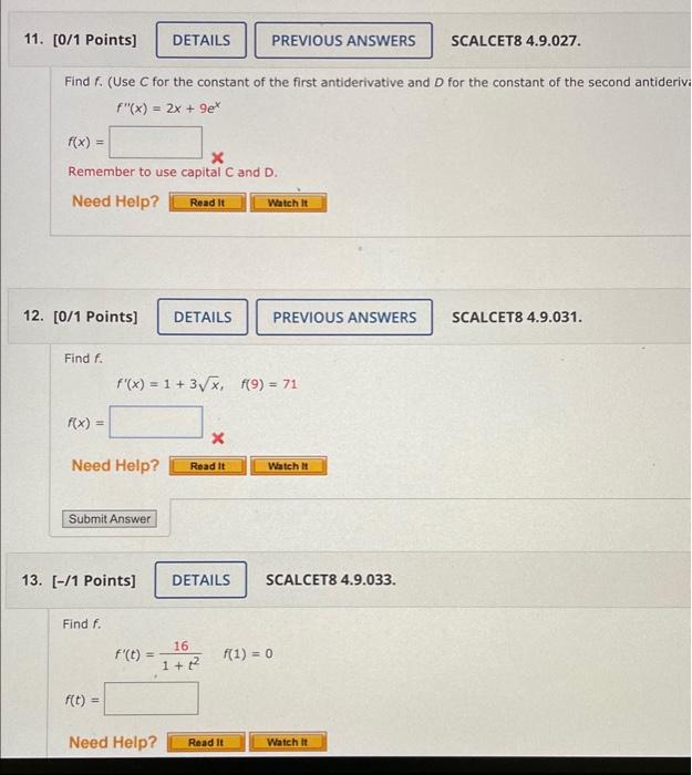 Solved 11. [0/1 Points) DETAILS PREVIOUS ANSWERS SCALCET8 | Chegg.com