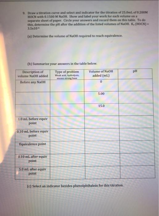 9. Draw a titration curve and select and indicator | Chegg.com