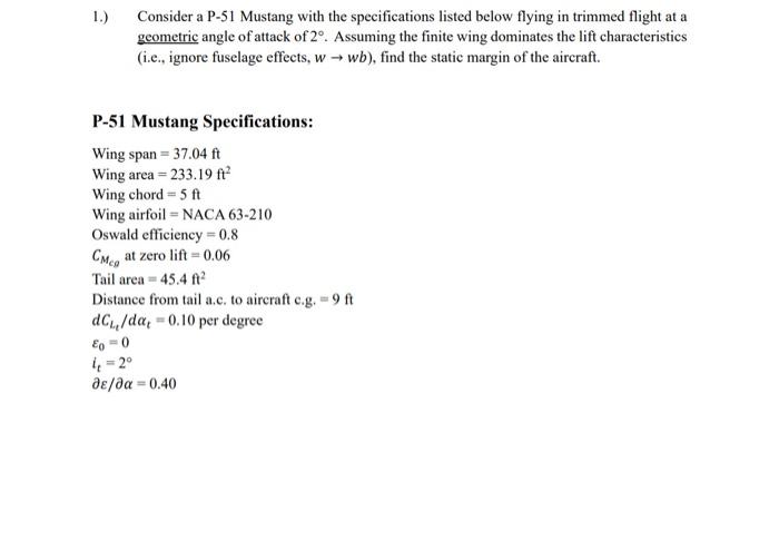 Solved 1.) Consider a P-51 Mustang with the specifications | Chegg.com