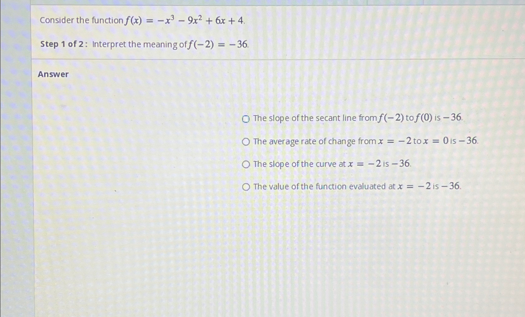 Solved Consider the function f(x)=-x3-9x2+6x+4Step 1 ﻿of 2 | Chegg.com
