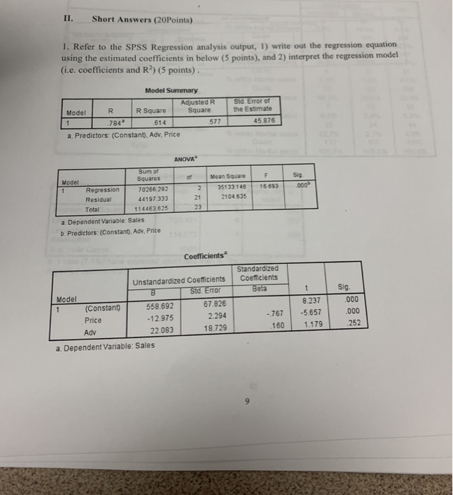 Solved II. Short Answers (20Points) 1. Refer to the SPSS | Chegg.com