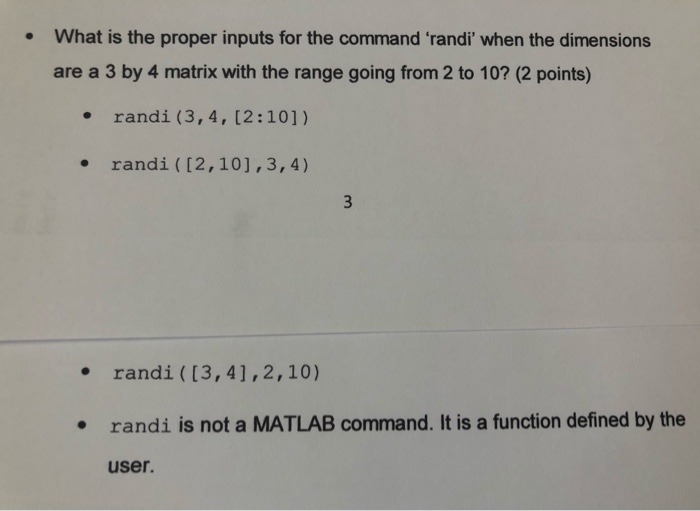 Solved What is the proper inputs for the command 'randi' | Chegg.com
