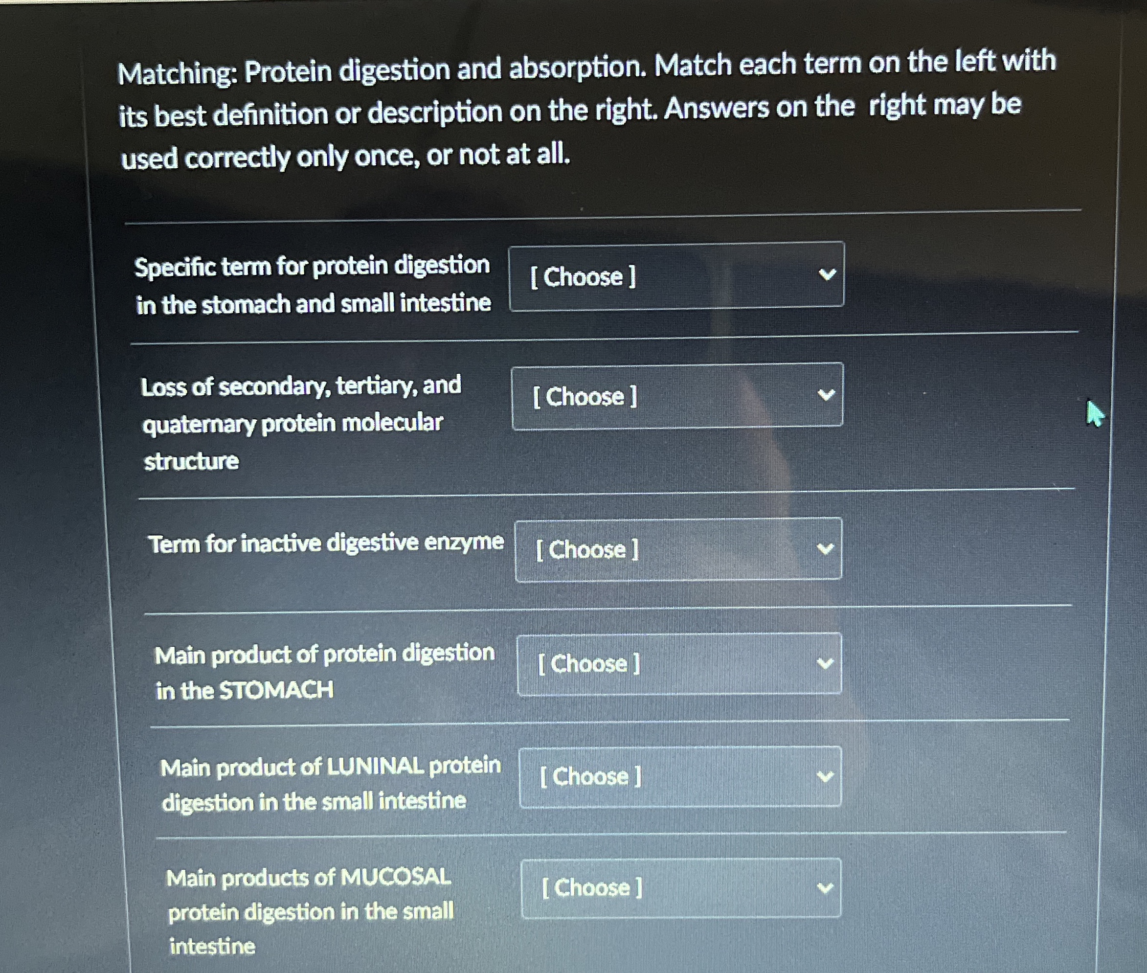 Solved Matching: Protein digestion and absorption. ﻿Match | Chegg.com