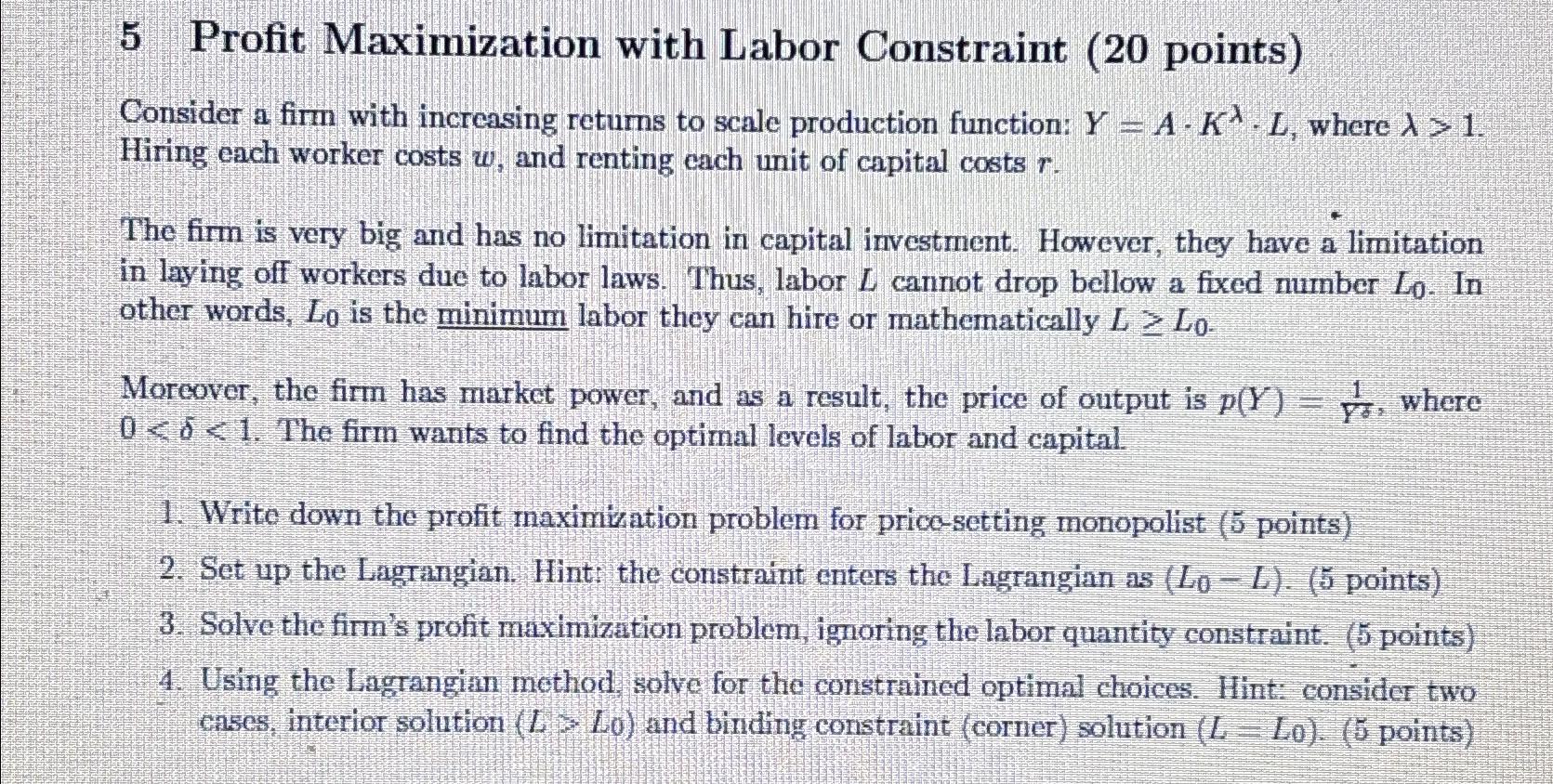 Solved 5 ﻿Profit Maximization with Labor Constraint (20 | Chegg.com