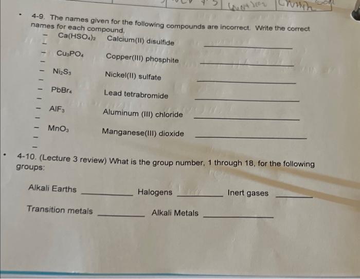 Solved 4-9. The names given for the following compounds are | Chegg.com