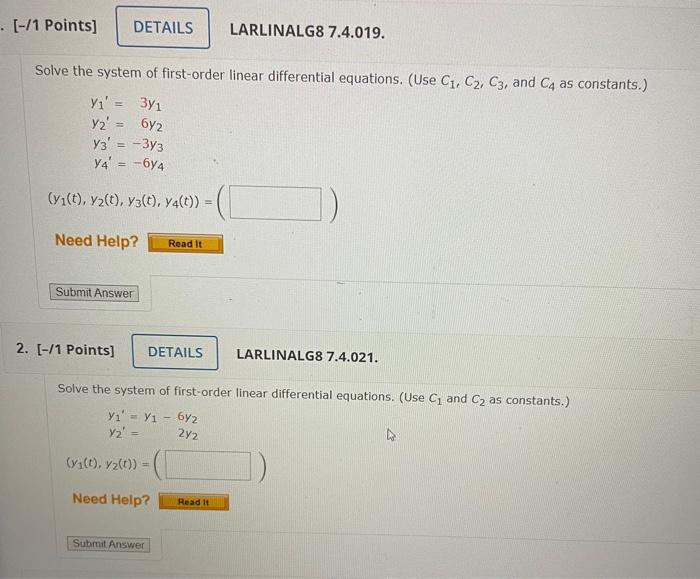 Solved Solve the system of first-order linear differential | Chegg.com