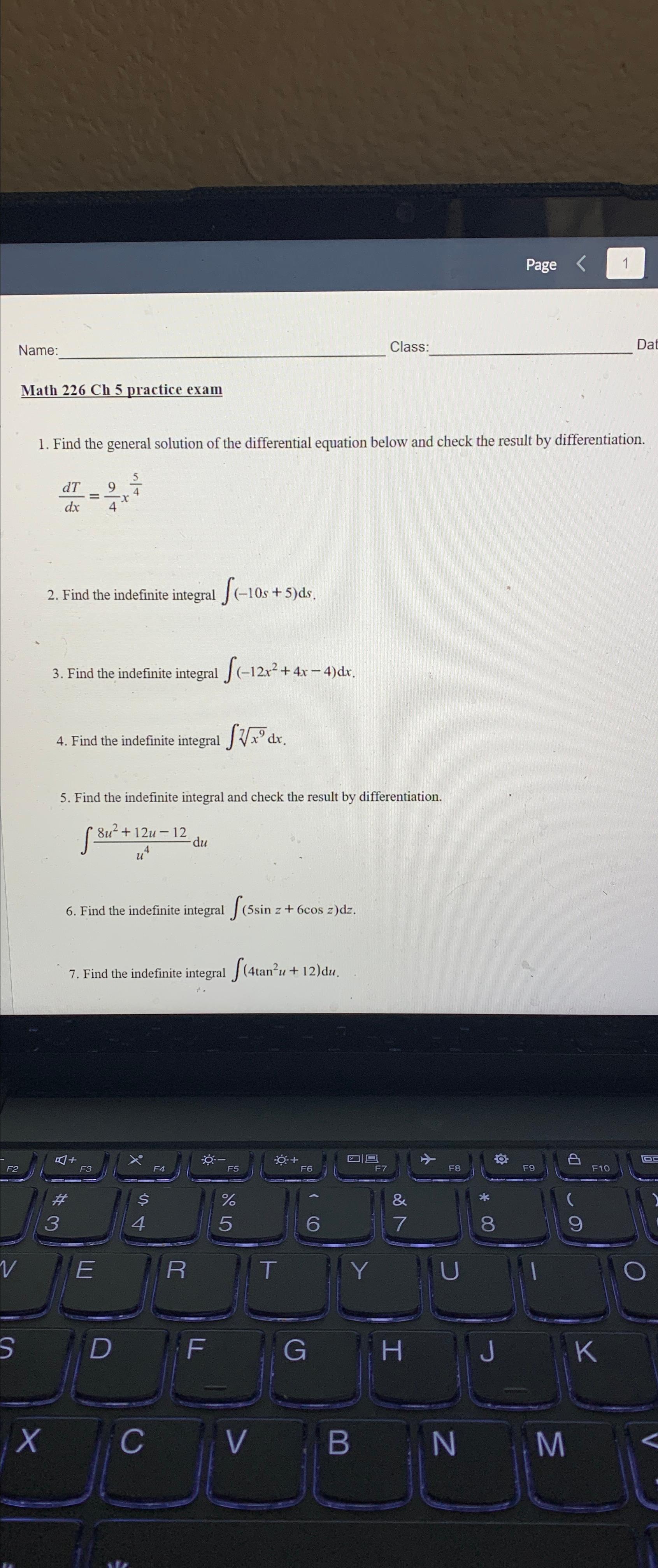 Solved Name:Class:DaMath 226 ﻿Ch 5 ﻿practice examFind the | Chegg.com