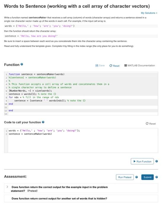 Words to Sentence (working with a cell array of | Chegg.com