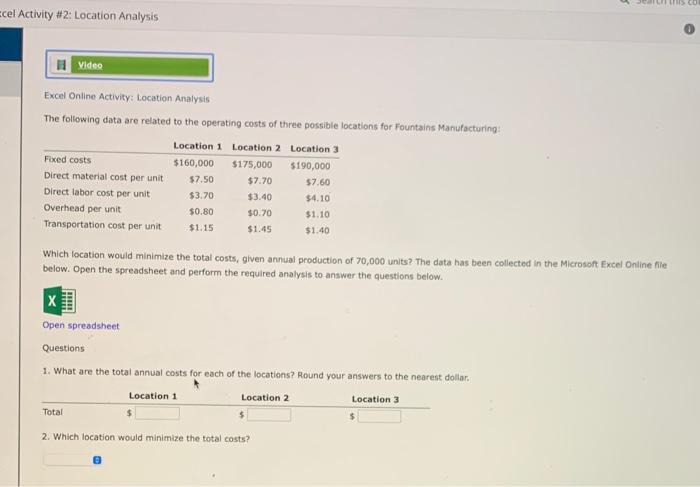 Solved Excel Online Activity: Location Analysis The | Chegg.com