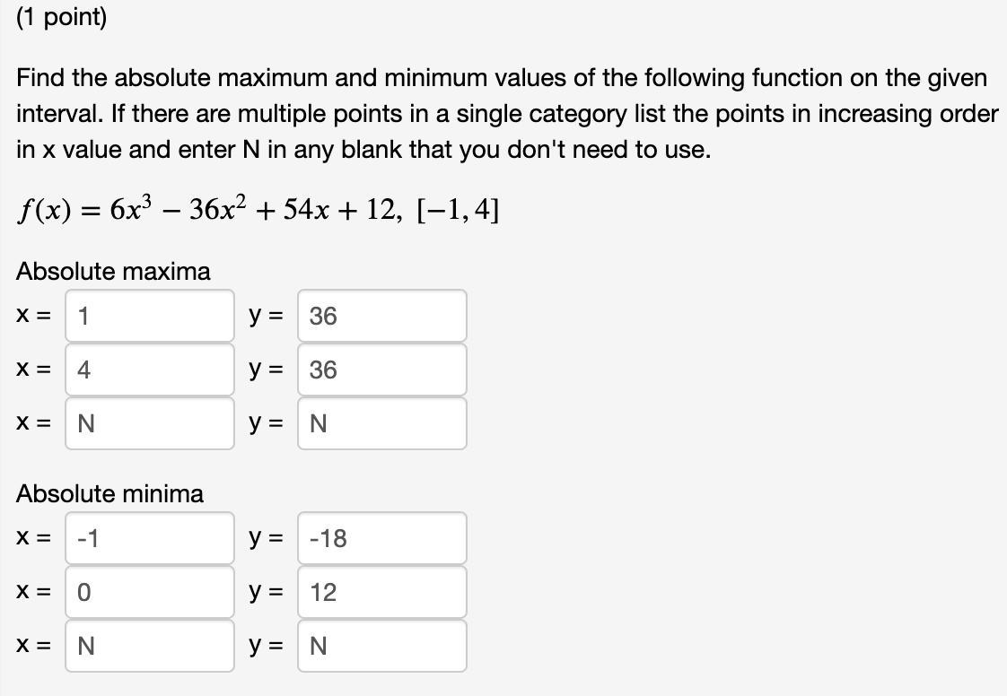 Solved (1 ﻿point)Find the absolute maximum and minimum | Chegg.com