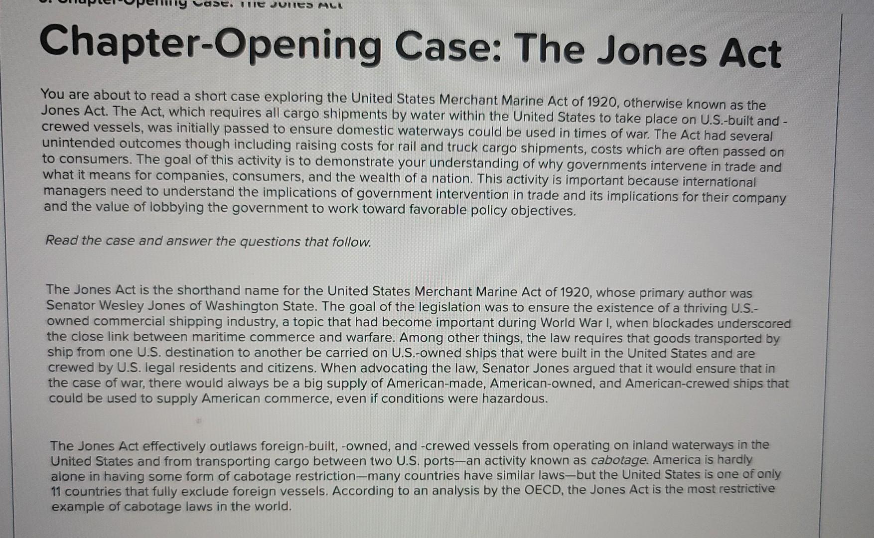Solved Defenders of the Jones Act claim that the law is | Chegg.com