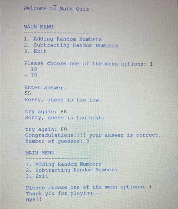 Solved Welcome to Math Quiz MAIN MENU 1. Adding Random | Chegg.com