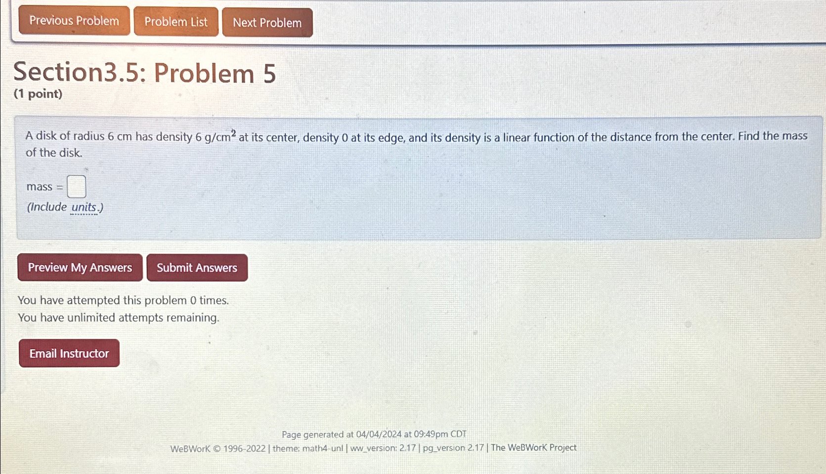 Solved Section3.5: Problem 5(1 ﻿point)A disk of radius 6cm | Chegg.com