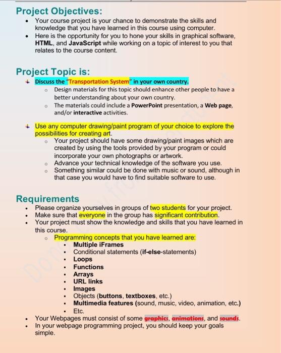 Solved Project Objectives: - Your course project is your | Chegg.com