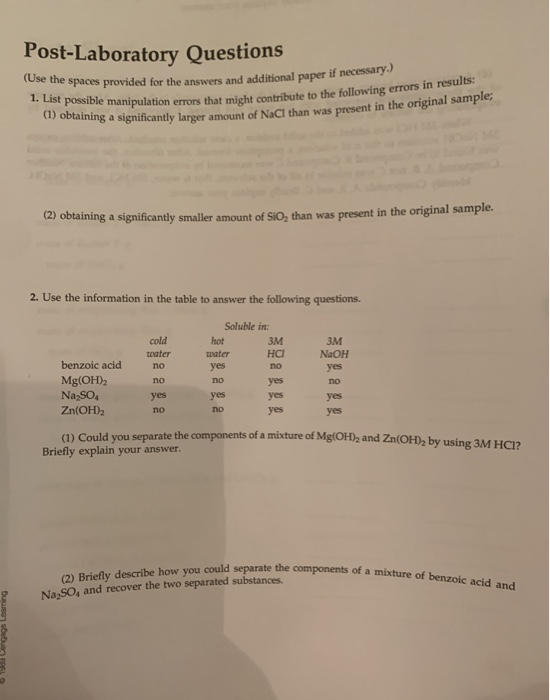 Solved Post-Laboratory Questions Use the spaces provided for | Chegg.com