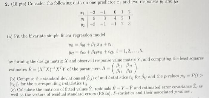 (a) Fit the bivariate simple linear regression model | Chegg.com