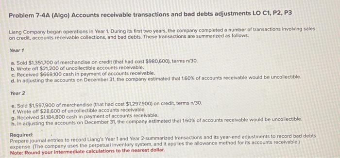 Solved Problem 7-4A (Algo) Accounts receivable transactions | Chegg.com