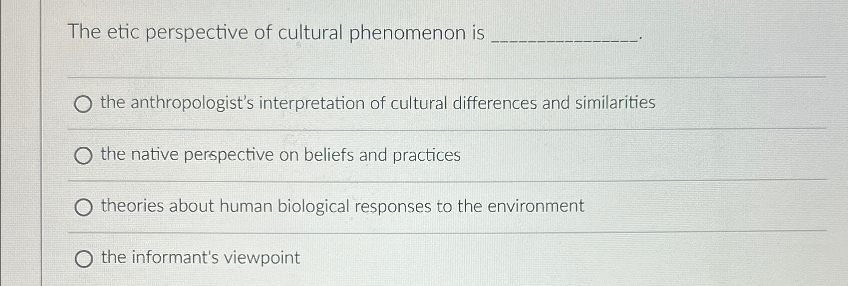 Solved The etic perspective of cultural phenomenon isthe | Chegg.com