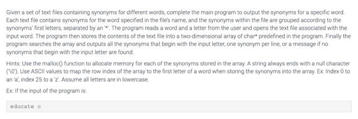 Solved Given a set of text files containing synonyms for | Chegg.com
