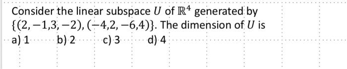 Solved Consider the linear subspace U of R4 generated by | Chegg.com